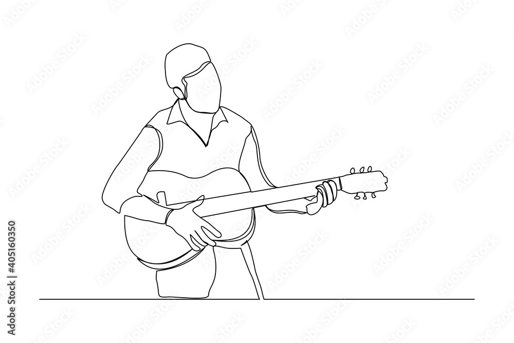 Continuous line drawing of a man playing guitar. Single one line art of ...