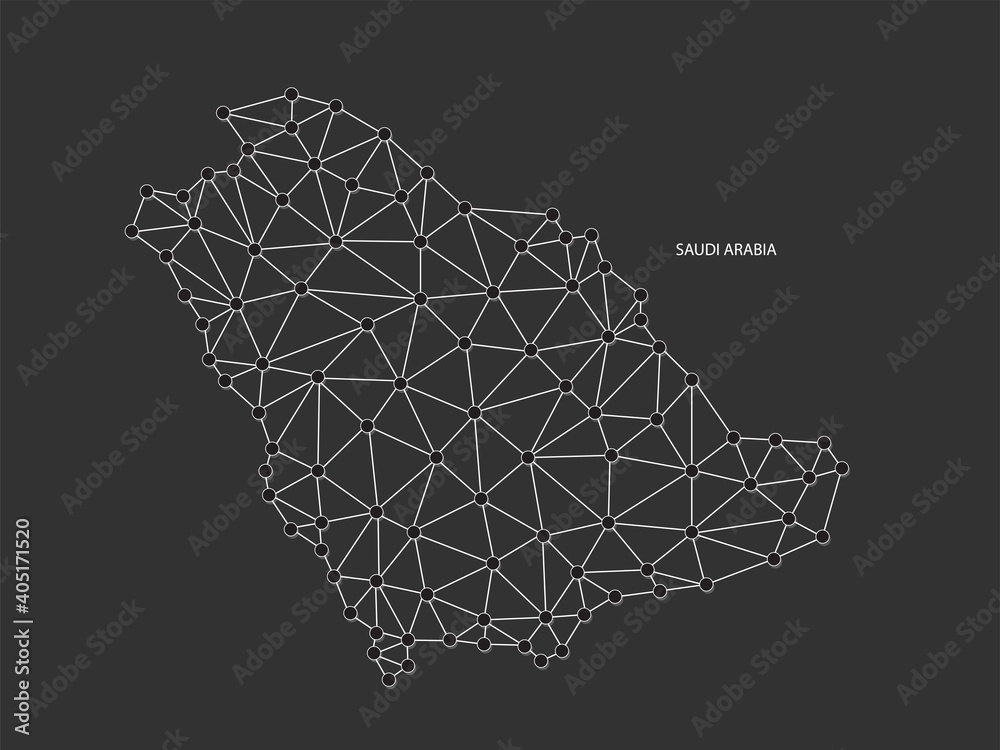Saudi Arabia Map Point scales on black background. Wire frame polygonal ...