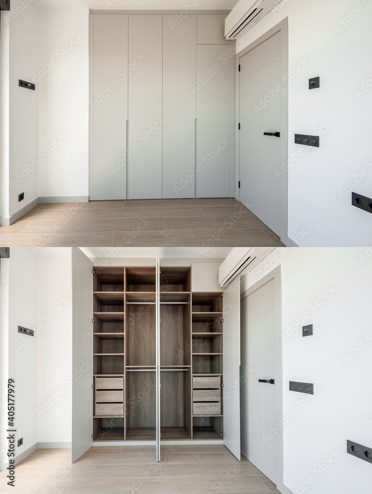 An example of a built-in wardrobe with open and closed doors. Stock ...