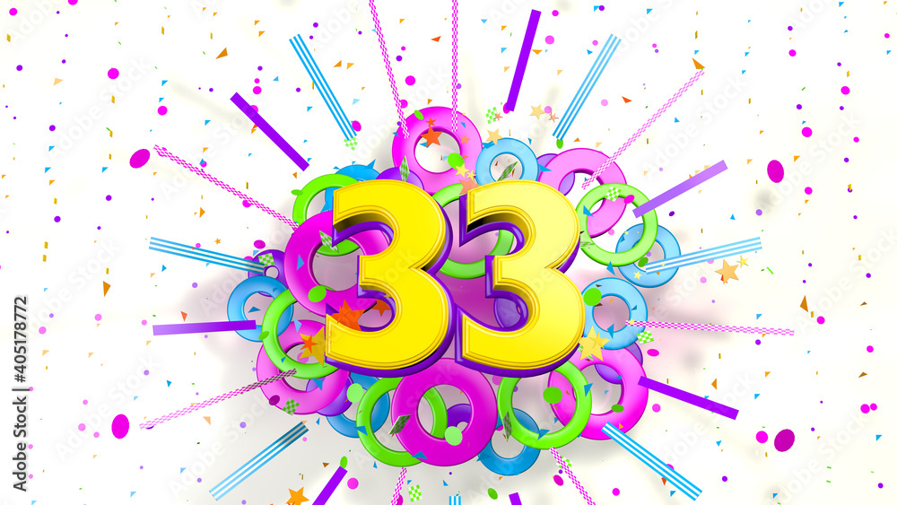 Number 33 for promotion, birthday or anniversary over an explosion of ...