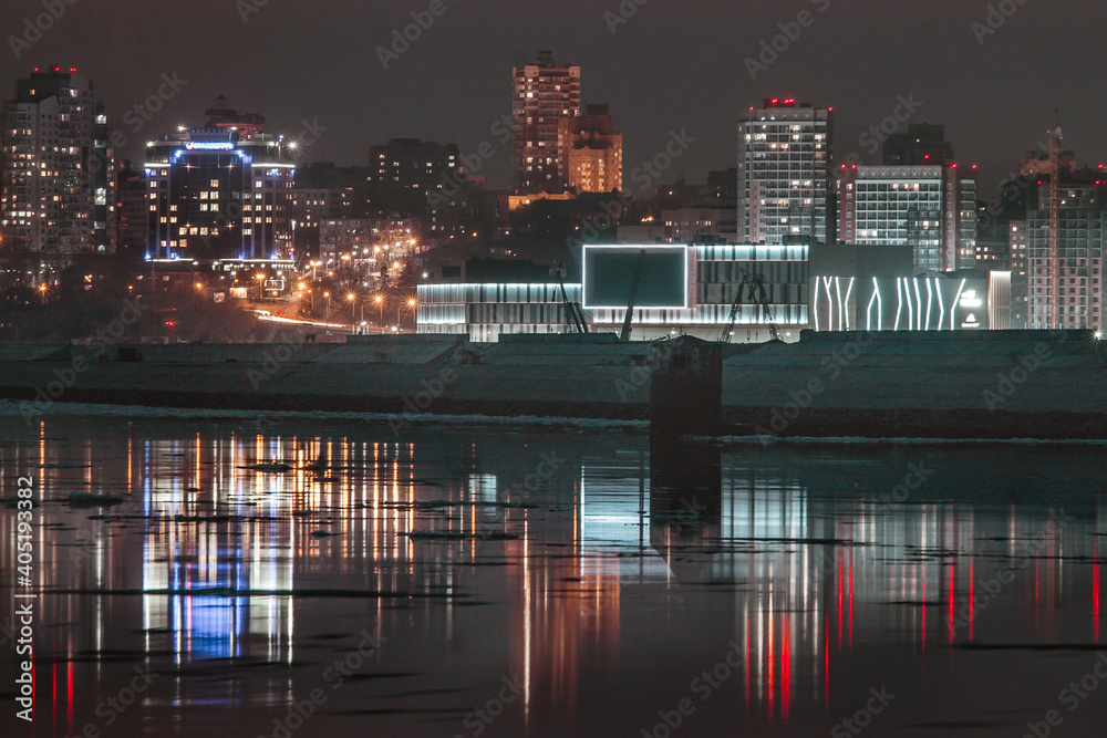 night city view with bright illumination and their beautiful reflection ...