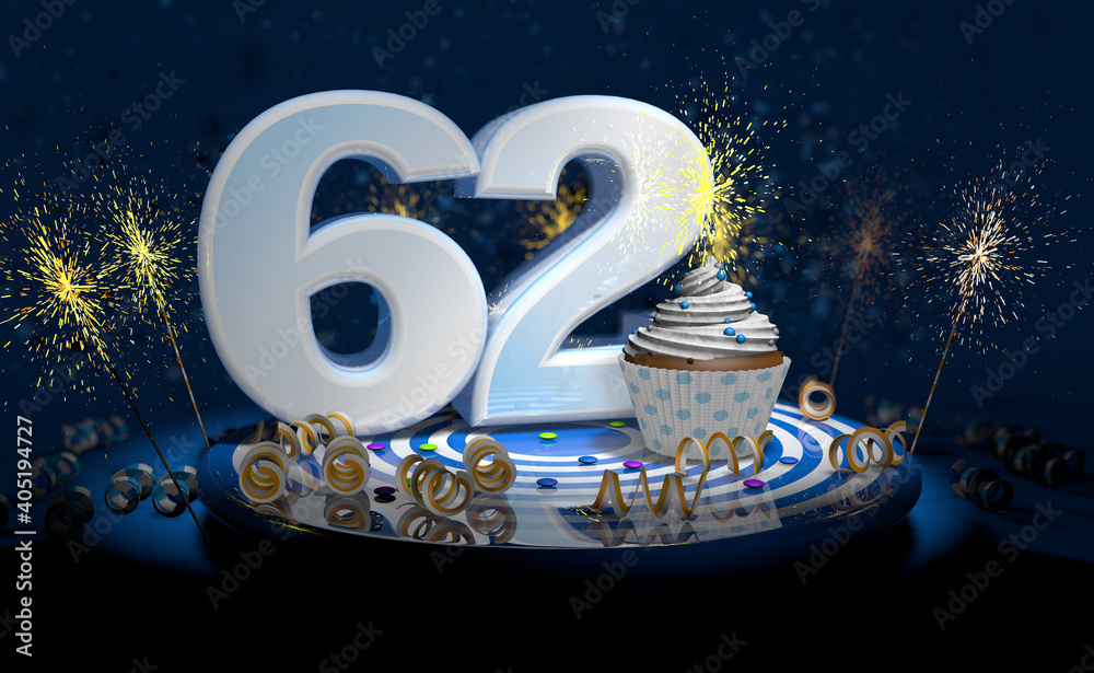 62th birthday or anniversary cupcake with big white number with yellow ...
