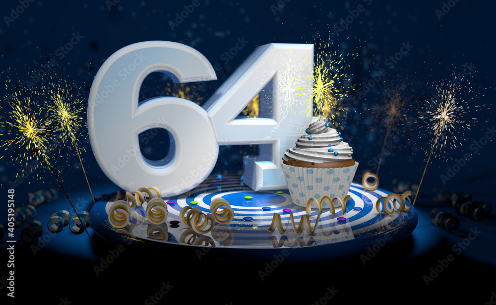 64th birthday or anniversary cupcake with big white number with yellow ...