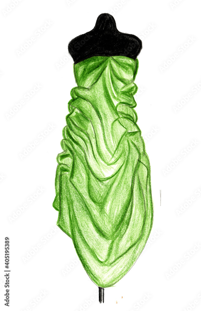 Color pencil green drapery on black dummy. Hand drawn fabric for ...