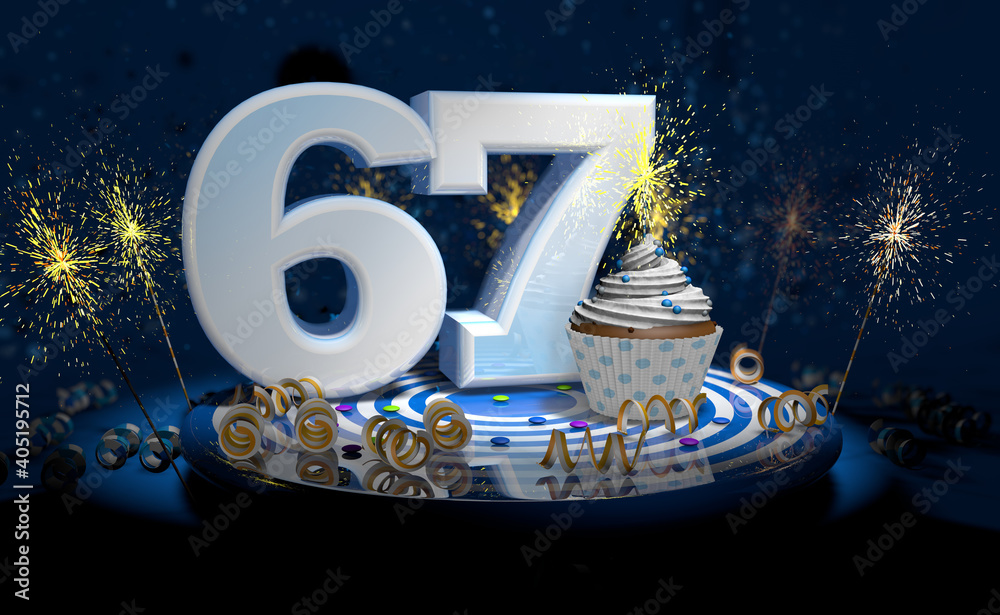 67th birthday or anniversary cupcake with big white number with yellow ...