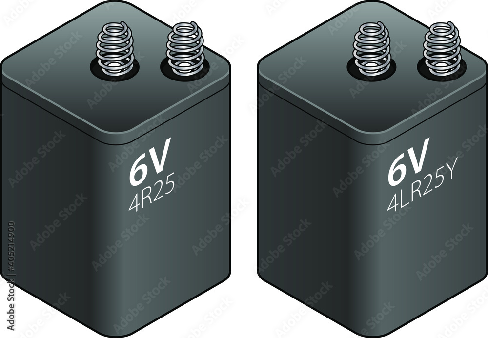 Detailed 6V dry cell batteries labelled with their common names and IEC ...