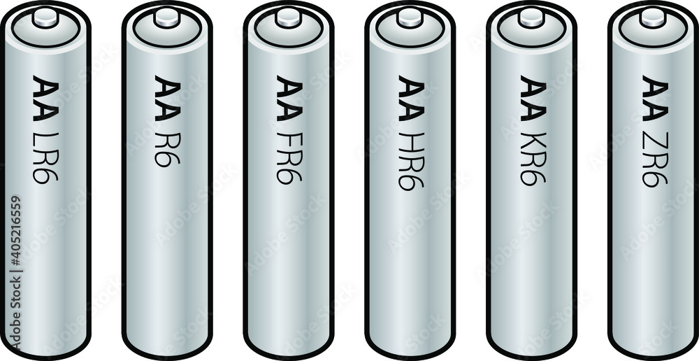Detailed AA-size dry cell batteries labelled with their common names ...