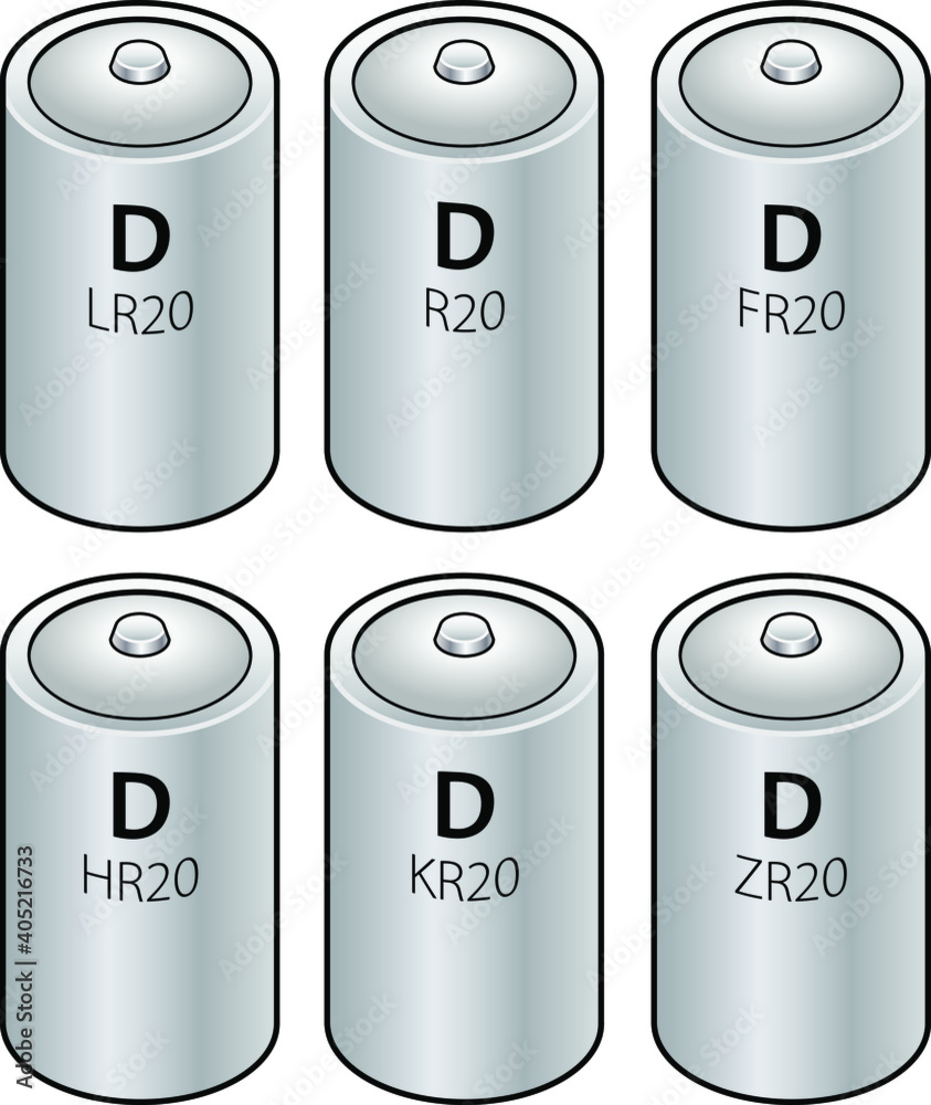 Detailed D-size dry cell batteries labelled with their common names and ...