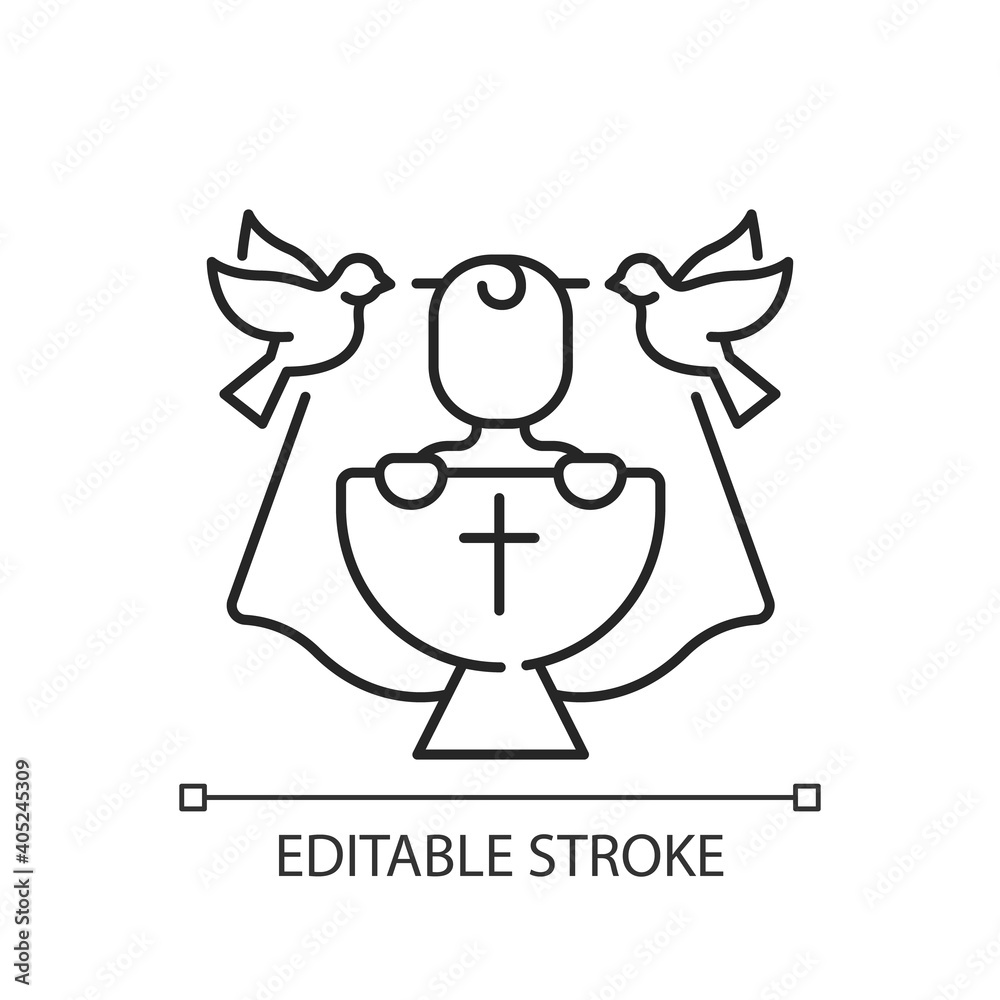 Christening linear icon. Baby baptism. Child christian religious ritual ...