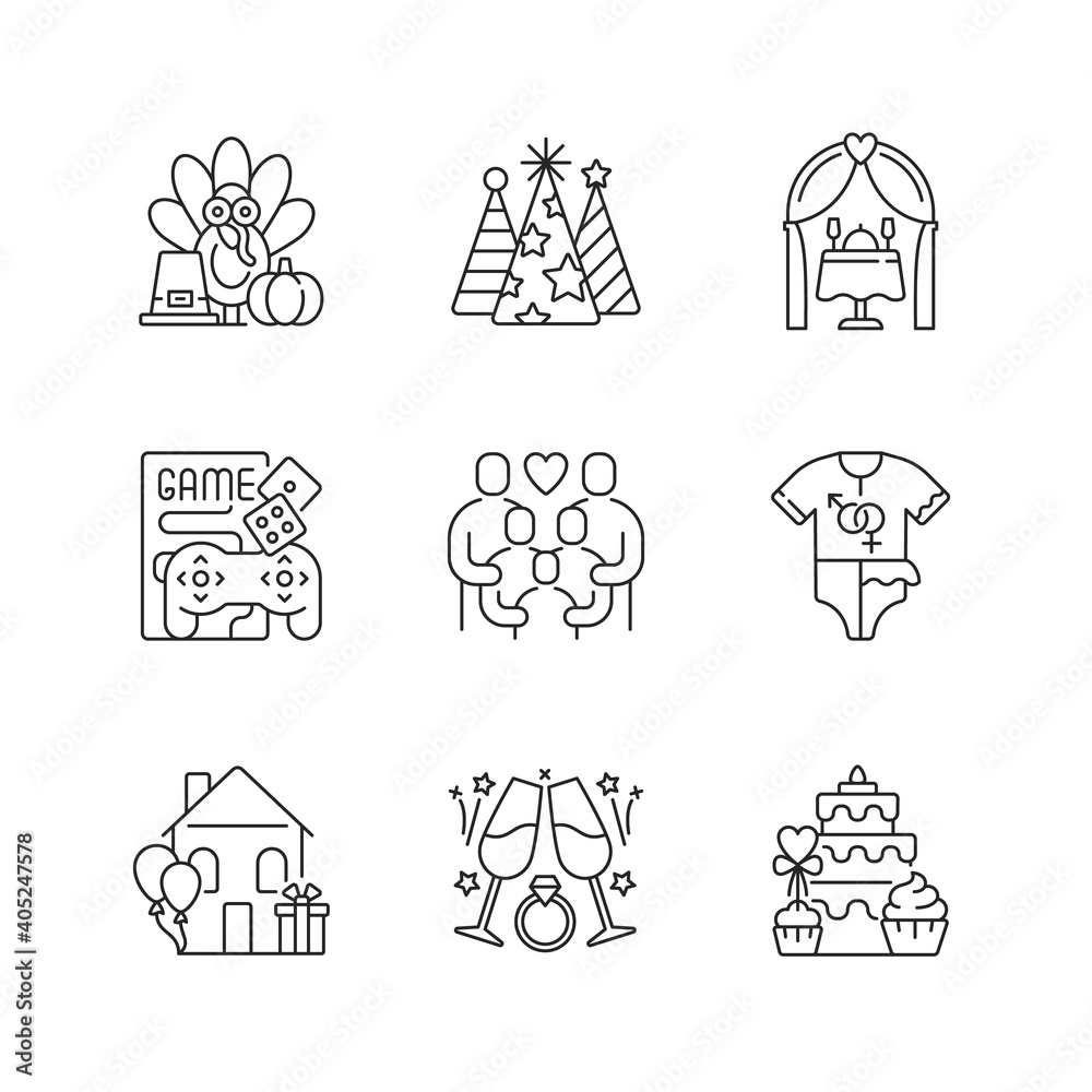 Party linear icons set. Thanksgiving tradition. Birthday cone hats ...