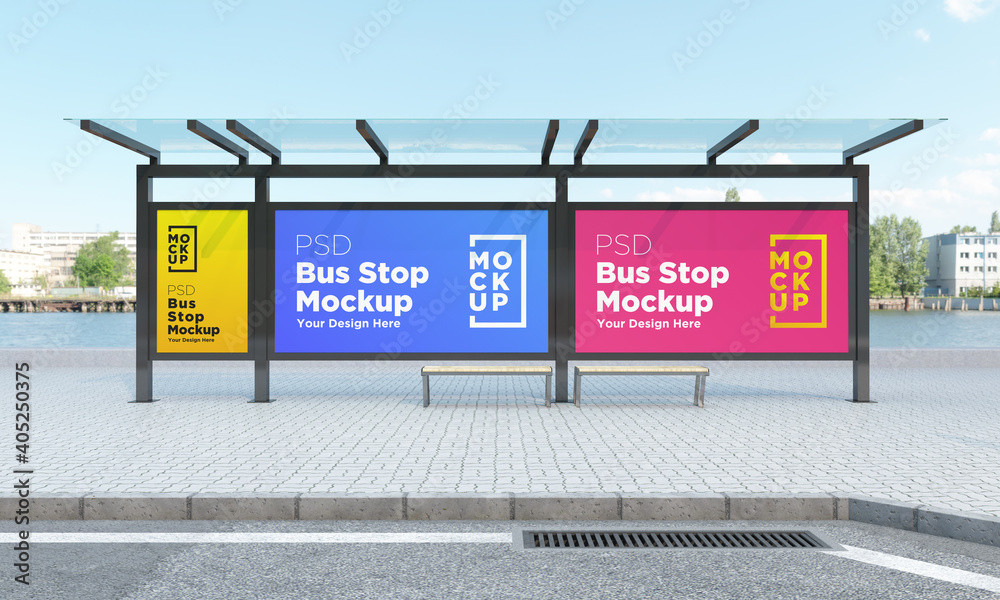 Bus stop bus shelter three signs mockup Sign Board Billboard Mockup ...