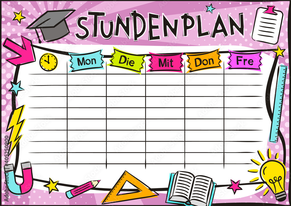 German Bright template of a school schedule for 5 days of the week for ...