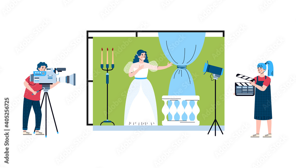 Film shooting process with cameraman and actress in stage costume, flat ...