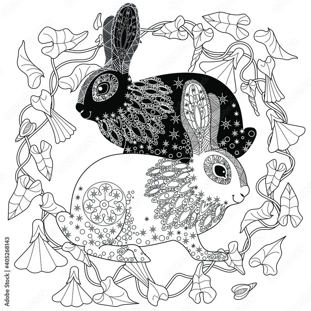 Coloring Page. Coloring Book for adults. Colouring pictures with rabbit ...