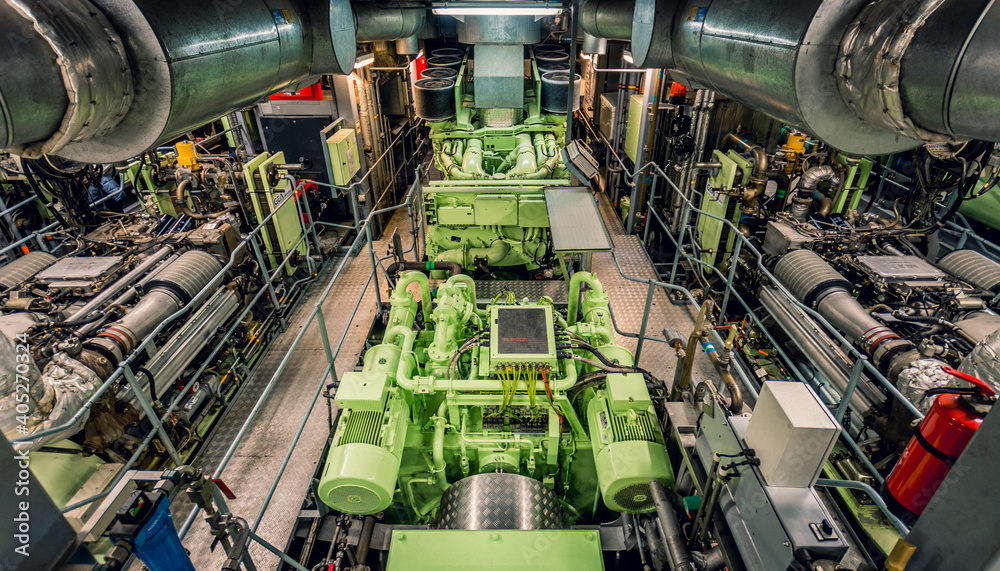 Industrial green machine and engine room of ship Stock Photo | Adobe Stock