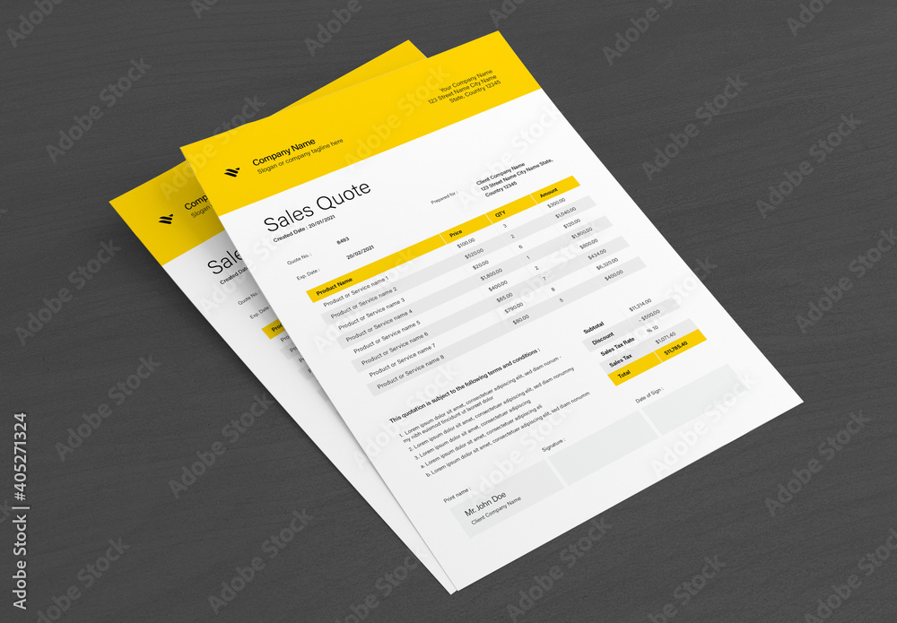 Sales Quotation Layout with Yellow Accents Stock Template | Adobe Stock