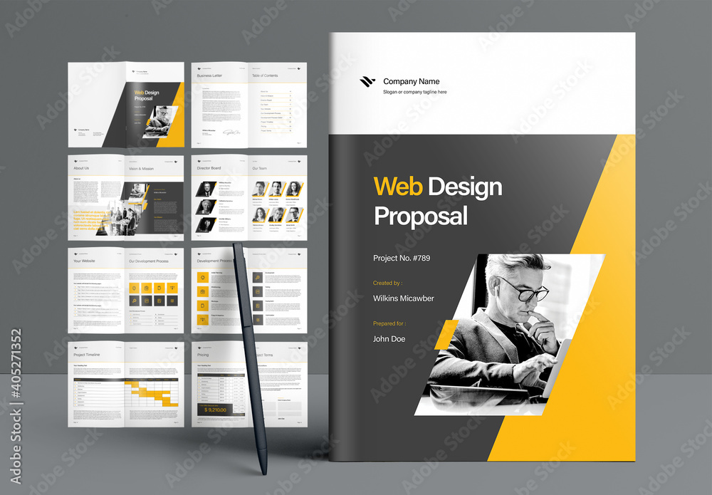 Web Design Proposal Booklet Layout with Gray and Yellow Accents Stock ...