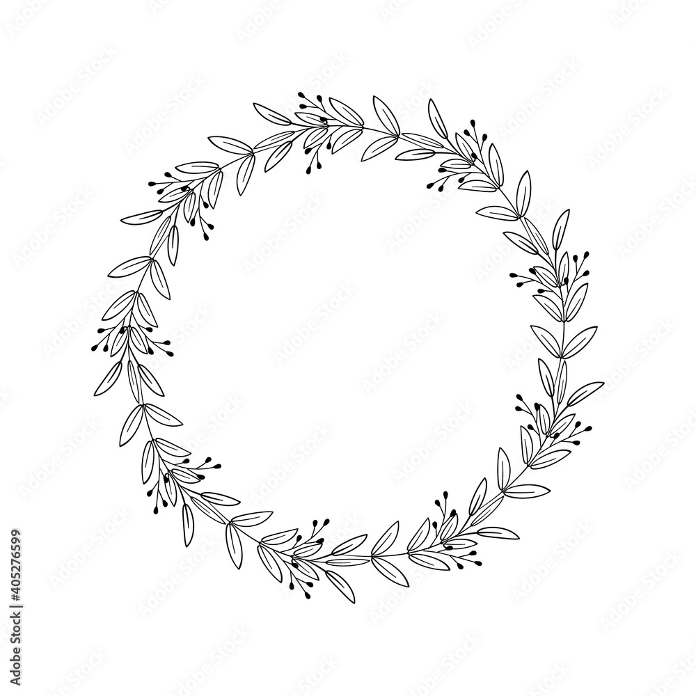 Floral round frame with leaves, branches, berries. Hand drawn vector ...