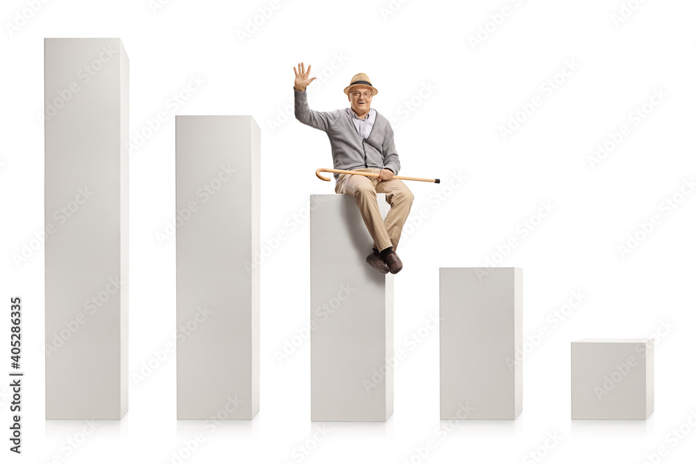 Elderly man sitting on a column from a chart and greeting with hand ...