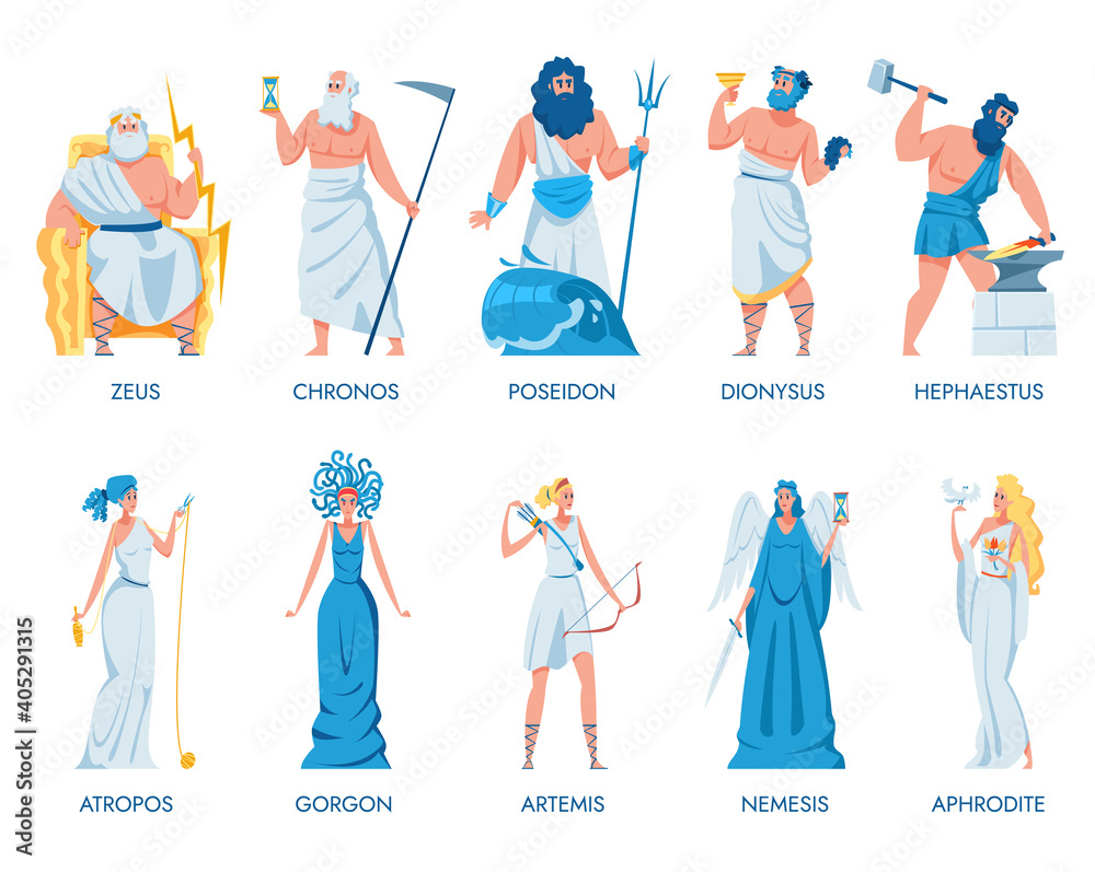 Ancient Greek gods and goddesses set. Zeus, Dionysus, Artemis ...