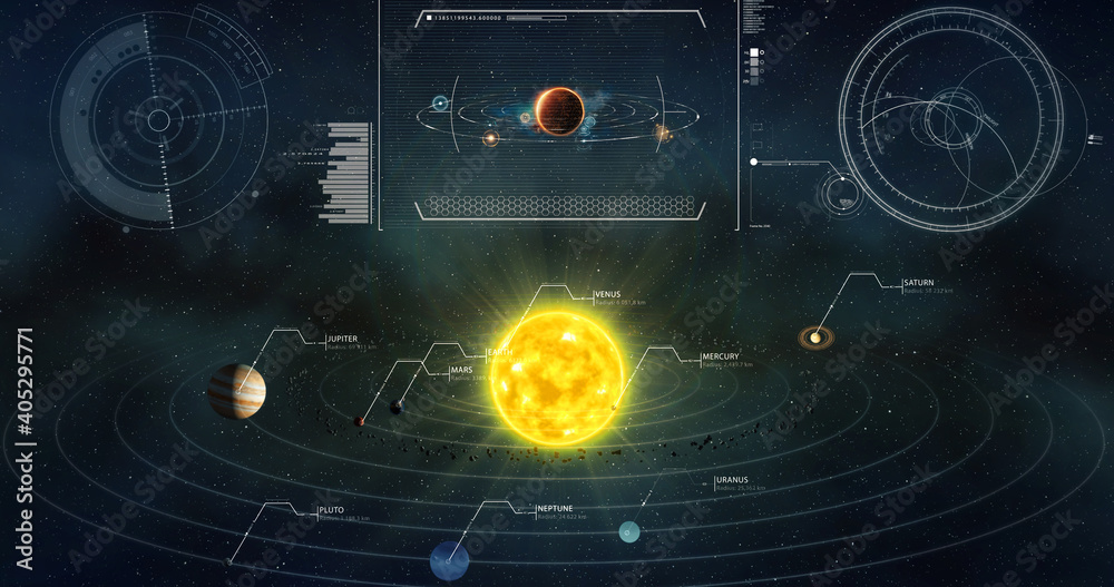 Solar system 3D render, Planet rotation trajectories, 3D Infographics ...