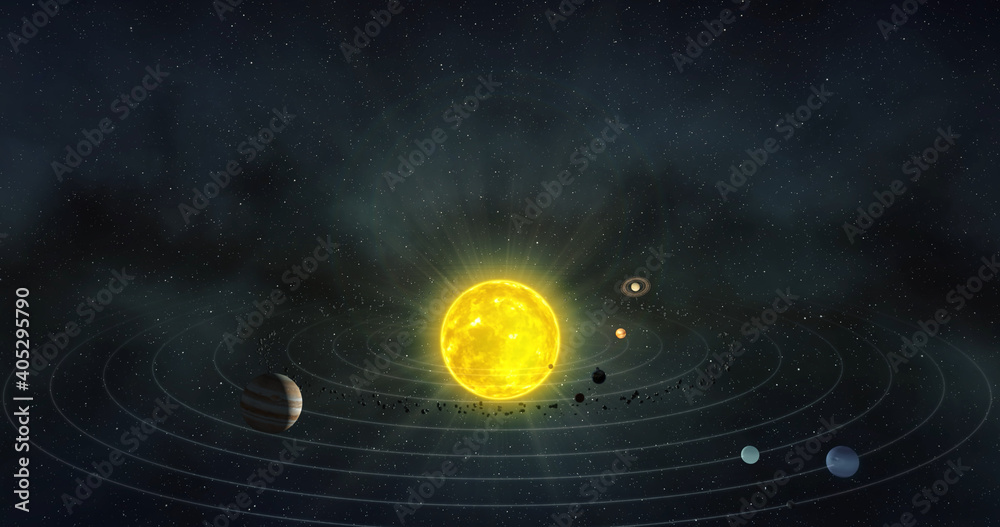 Solar system 3D render, Planet rotation trajectories, 3D Infographics ...