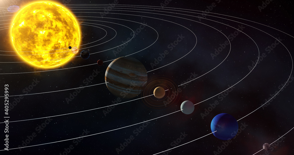 Solar system 3D render, Planet rotation trajectories, 3D Infographics ...