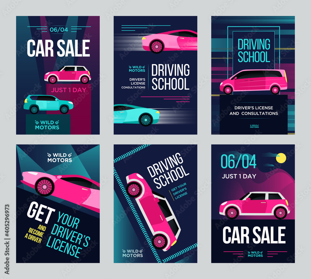 Driving school invitation flyers set. Fast cars in motion vector ...