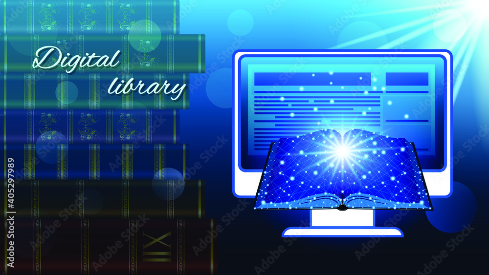 Digital Library. Display and open book, stack of volumes of books. Low ...