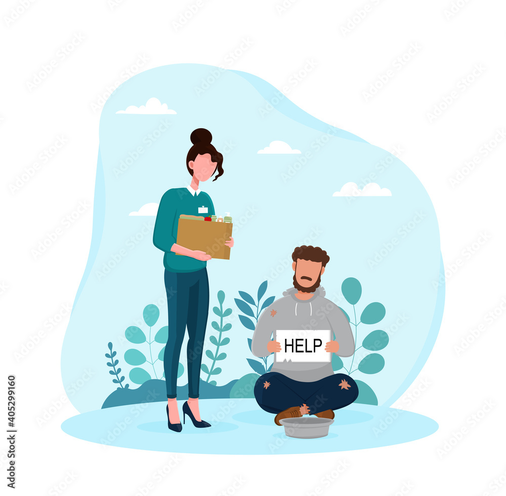 Female volunteer brought food to homeless man on street. Concept of ...