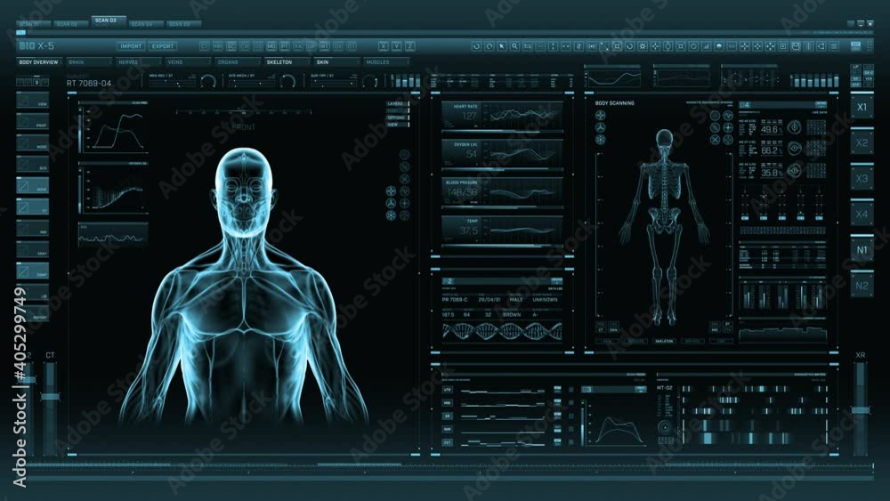 Blue futuristic Interface showing analysis of human male anatomy scan ...