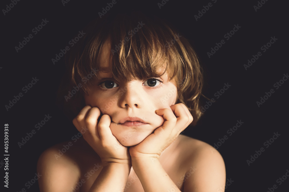 Portrait Of Shirtless Boy Against Black Background Stock Photo | Adobe ...