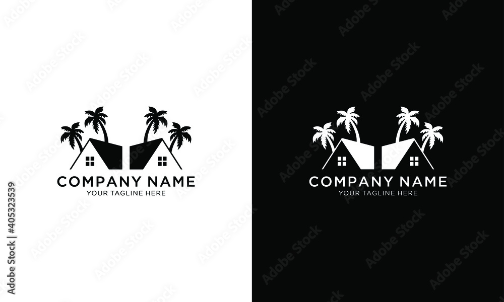 vector home and tropical palm on island logo Stock Vector | Adobe Stock