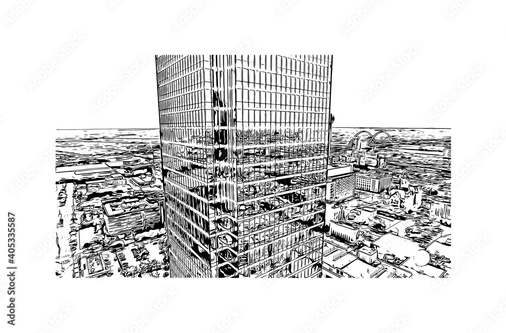 Building view with landmark of Dallas is the city in Texas. Hand drawn ...