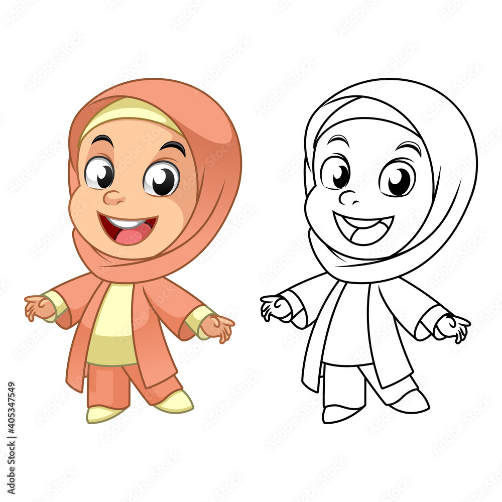 Cute Happy Muslim Girl Wearing Hijab with Line Art Drawing, Children ...