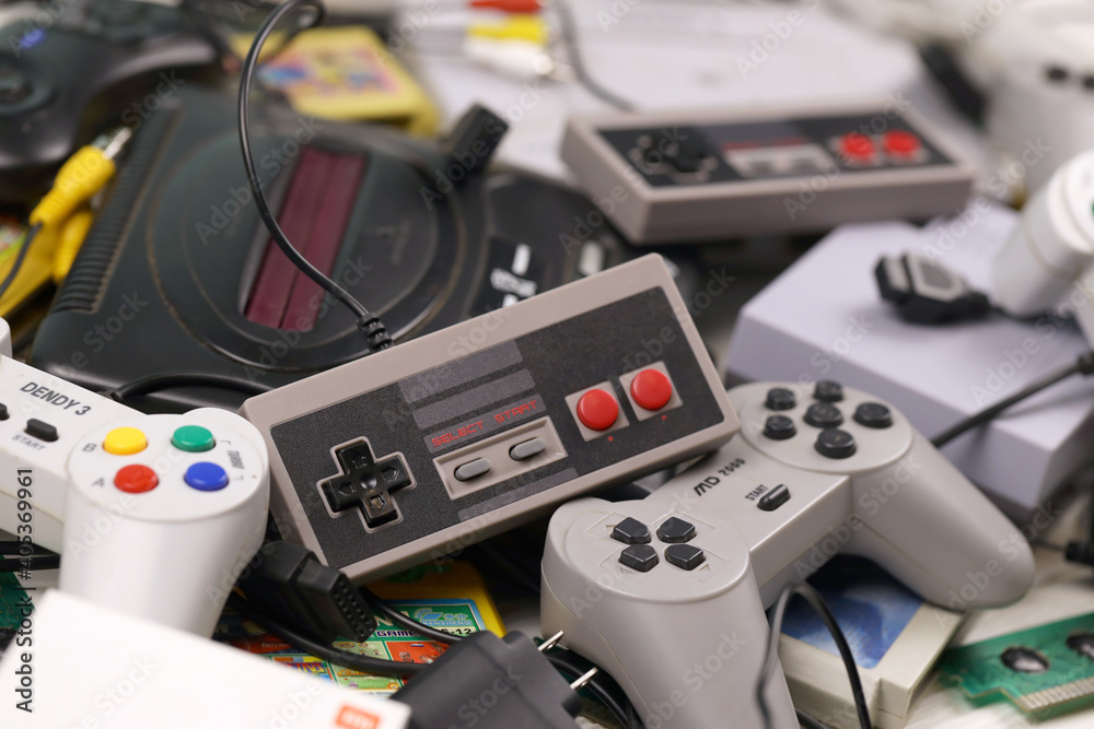 KHARKOV, UKRAINE - DECEMBER 27, 2020: Pile of old 8-bit video game ...