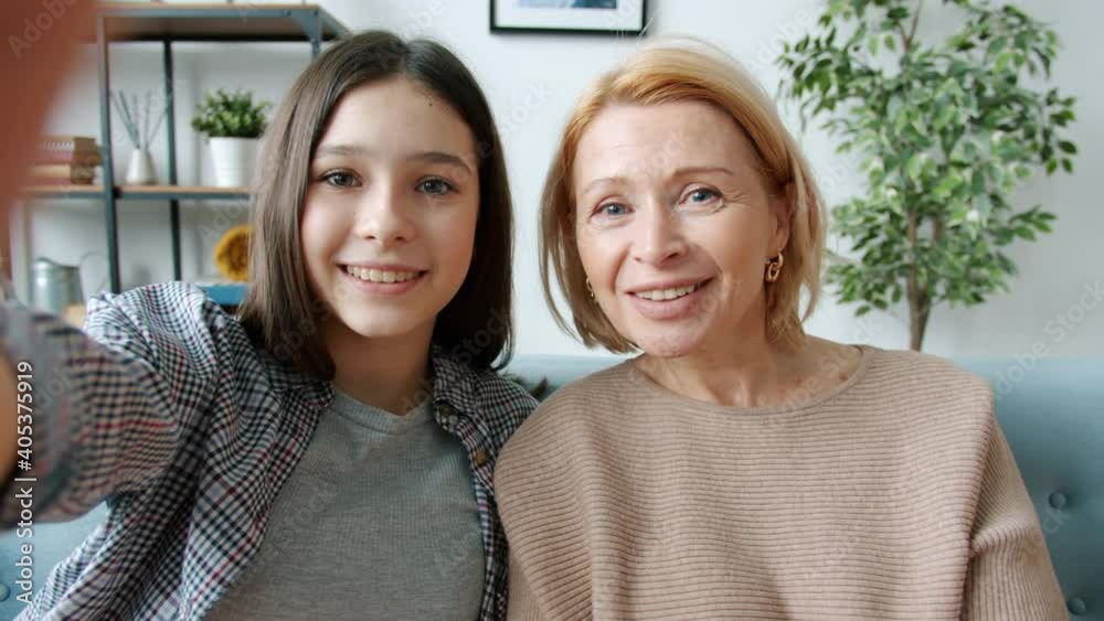 Portrait of mother and daughter looking at camera waving hand and ...
