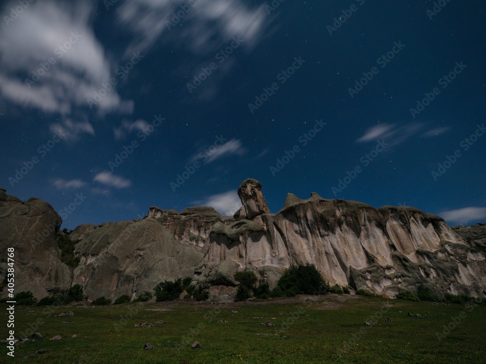 Night panorama of Marcahuasi andes plateau rock formations mountain ...