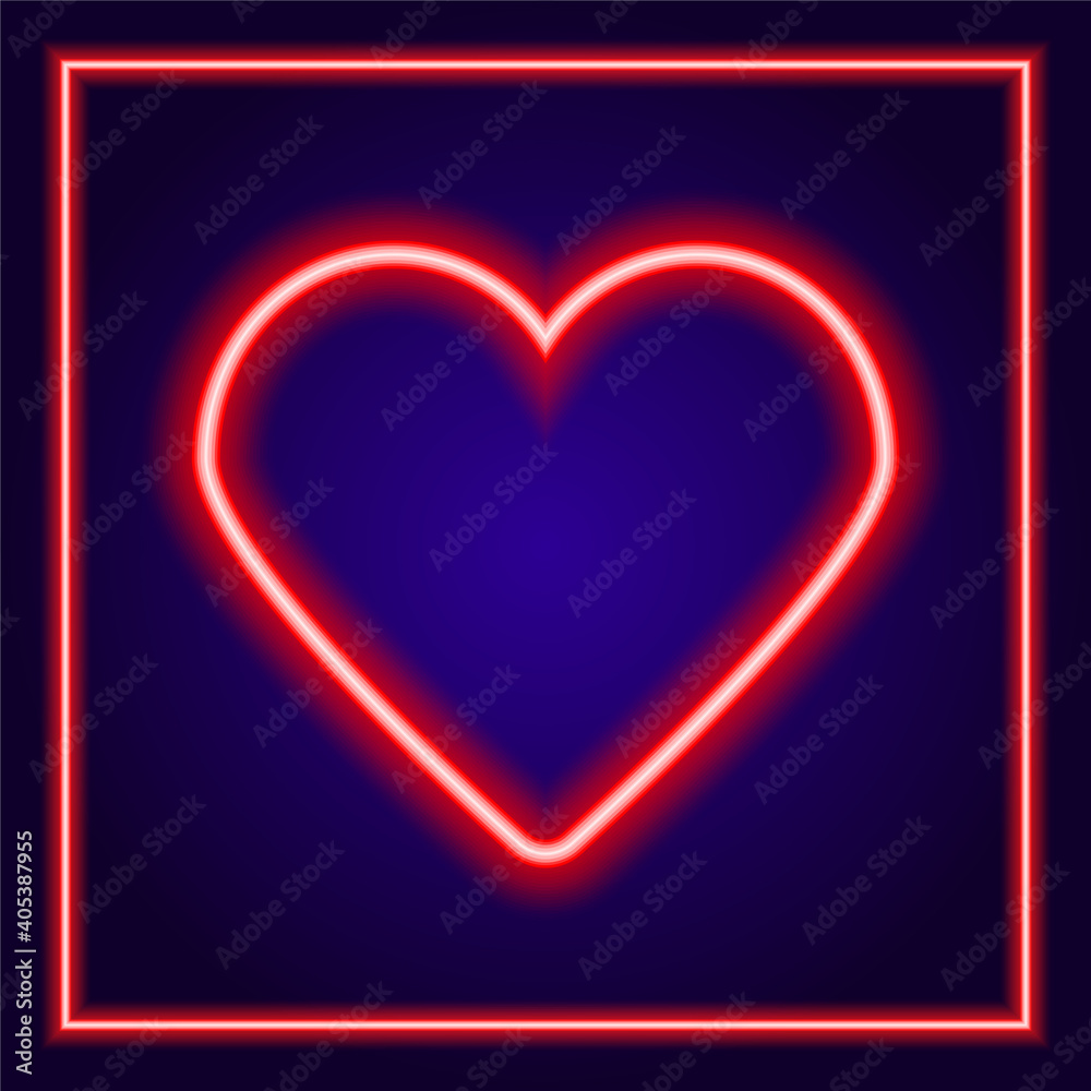 Bright red neon heart with square neon frame around . Heart sign on a ...