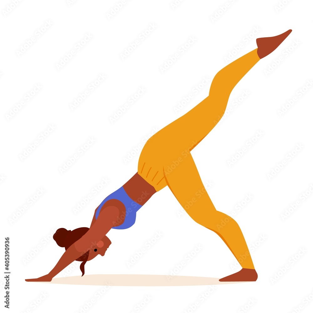 Vector illustration of a woman in a suit practicing yoga stretching and ...