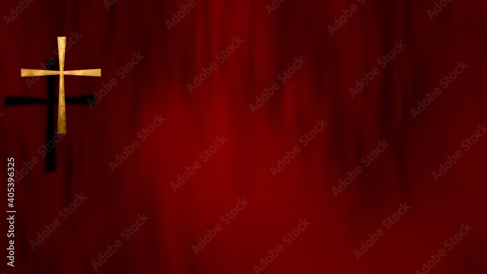 Golden Christian Cross on liturgic red velvet cloth copy space. 3D ...