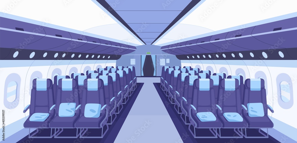 Front view of modern plane interior with aisle, reclining seats and ...