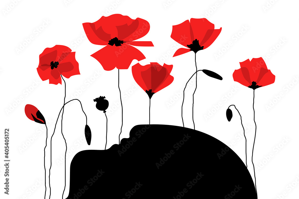 Abstract black head silhouette and red poppies. Drug addiction danger ...