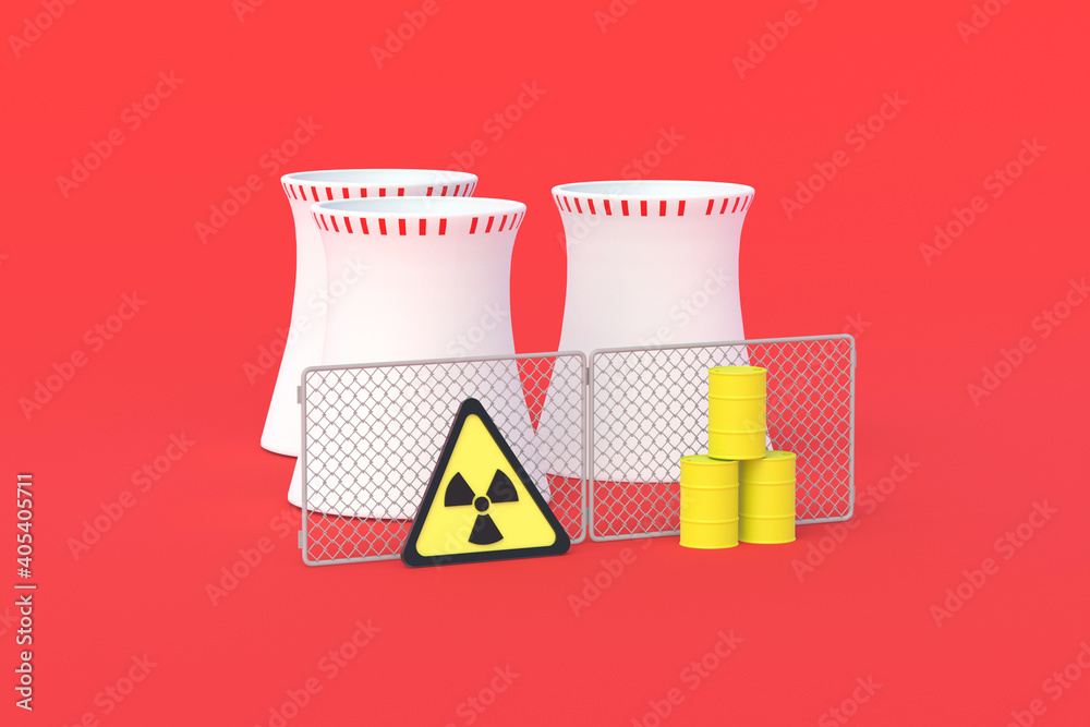 Nuclear power plant and barrels with radioactive waste near sign and ...