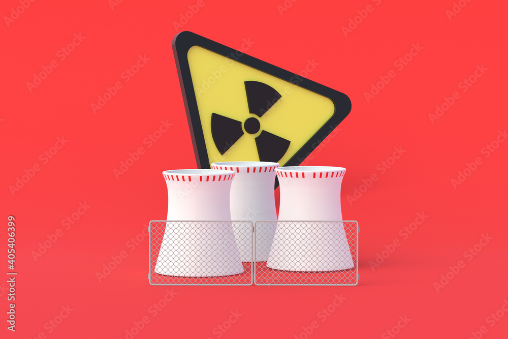 Cooling pipes of nuclear power plant and radiation sign on grid fence ...