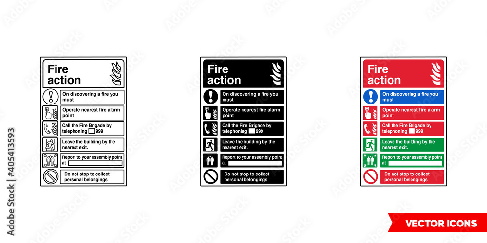 Fire action fire fighting sign icon of 3 types color, black and white ...