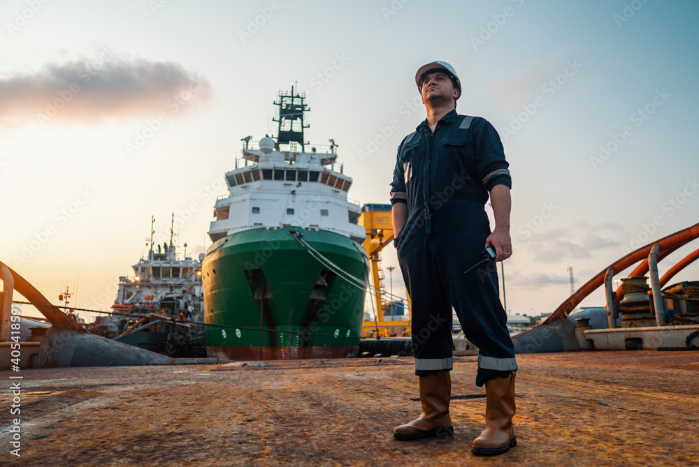 Foto de Marine Deck Officer or Chief mate on deck of offshore vessel or ...
