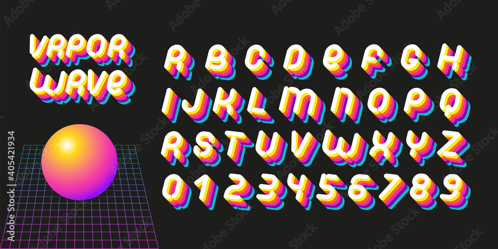 Vaporwave font. Letters of 70s-80s aesthetics. Vector alphabet in retro ...