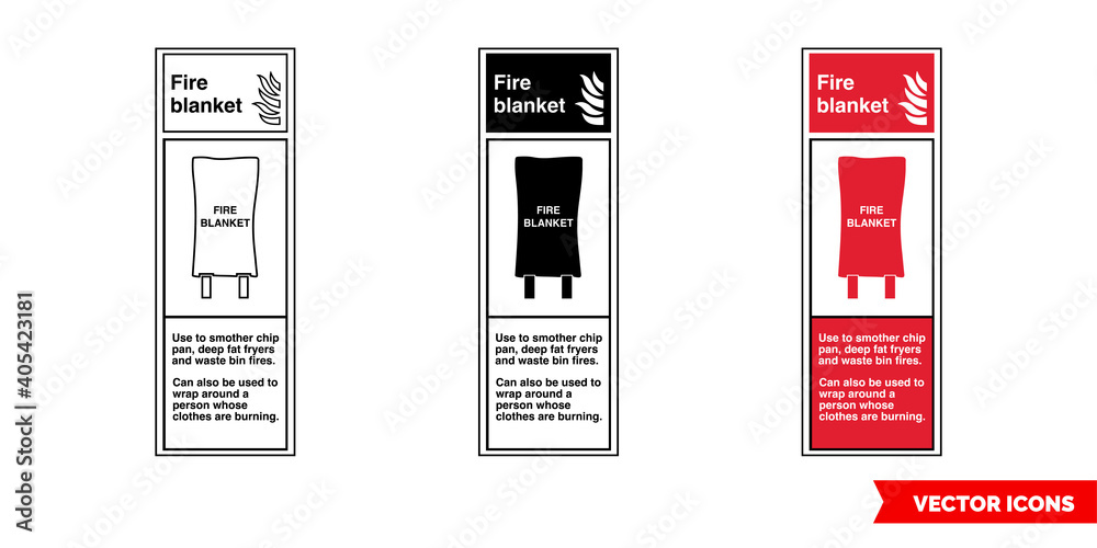Fire blanket fire extinguisher id sign icon of 3 types color, black and ...