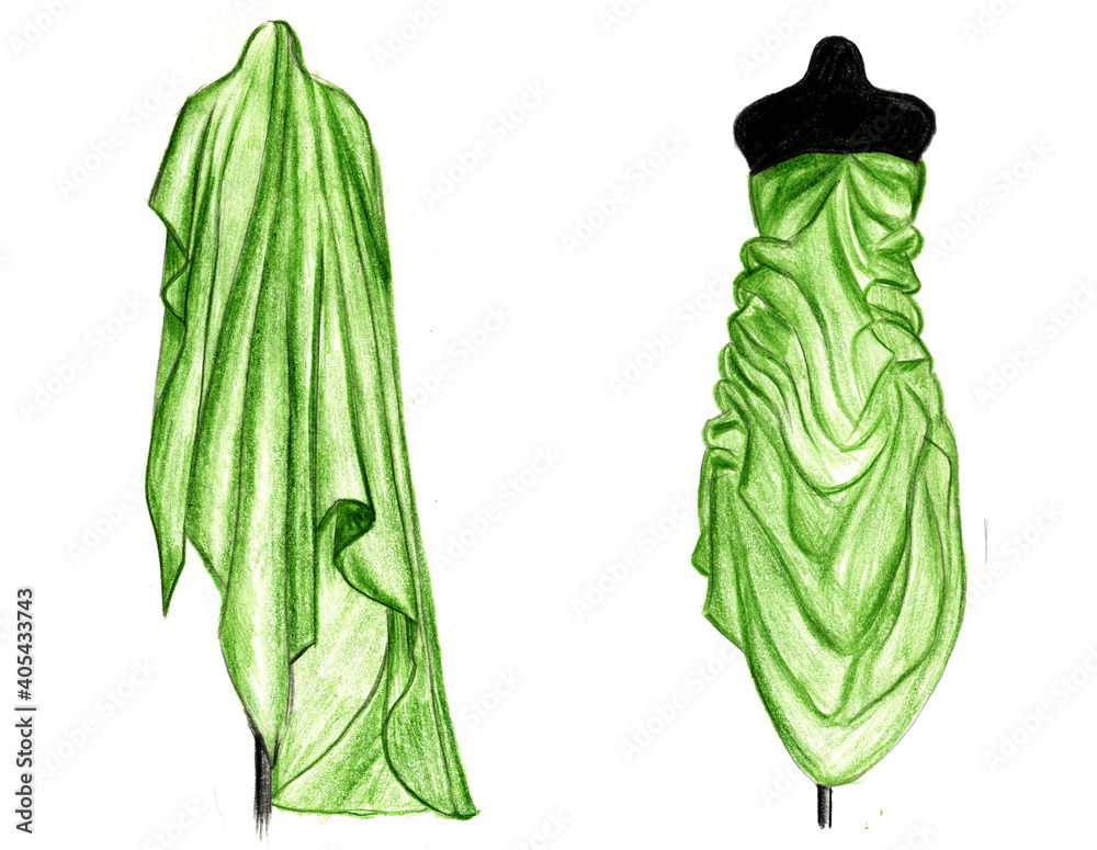 Color pencil set of green drapery on black dummy. Hand drawn fabric for ...
